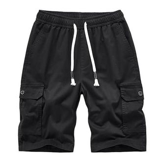 Generic Short cargo d&eacute;contract&eacute; en serg&eacute; pour homme - En coton - Cordon de serrage - Stretch - Avec poches, Noir, 30