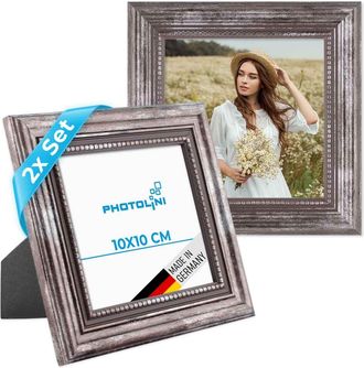 Photolini Barock-Bilderrahmen 10x10 cm in Silber antik, 2er Set Holz-Rahmen Vintage, Made in Germany, Echtglas, zum Aufhängen & Aufstellen, mit Zubehör - verlei