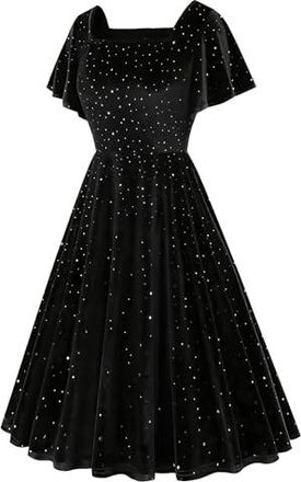 Generic Robe r&eacute;tro &agrave; paillettes et col carr&eacute; pour femme - En velours dor&eacute; - Grande taille - Robe de maternit&eacute;, Noir, M