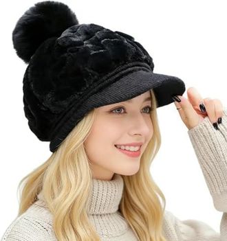 Generic Bonnets dhiver pour femmes - Couvre-chef chaud avec pompon, chapeaux chauds avec bord - pour femmes et filles pour la marche quotidienne, les trajets 