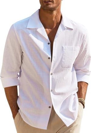Coofandy Chemises pour Hommes Chemises dété à Manches Longues Chemises Décontractées Chemise en Coton Chemise de Plage avec Poche Frontale Blanc XL