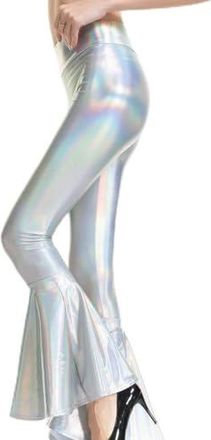 Generic Legging &eacute;vas&eacute; en similicuir m&eacute;tallique brillant pour femme, taille haute &agrave; volants, pantalon disco iris&eacute; pour festival, performance, f&ecirc;te, club, rave,