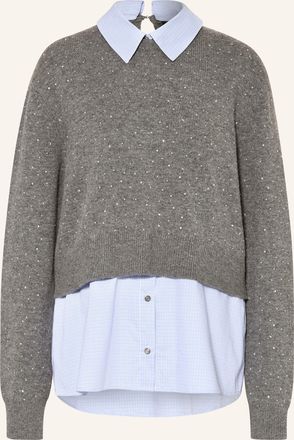 Maje Pullover Im Materialmix Mit Schmucksteinen grau