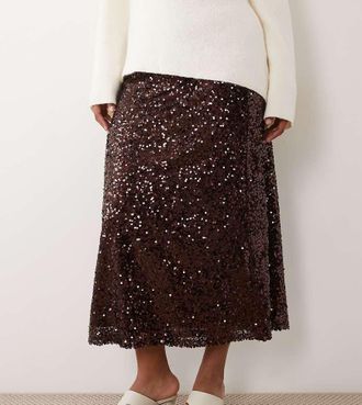 Asos Curve ASOS DESIGN Curve jupe midi &agrave; sequins couleur chocolat-Marron