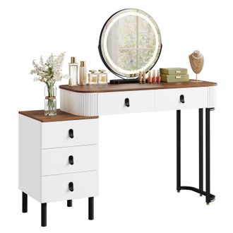 Woltu Schminktisch mit Spiegel LED & Beleuchtung, 3 Lichtfarben, Moderner Frisiertisch mit 5 Schubladen, 2-in-1 Schreibtisch, Flexibler Unterschrank, f&uuml;r Sc