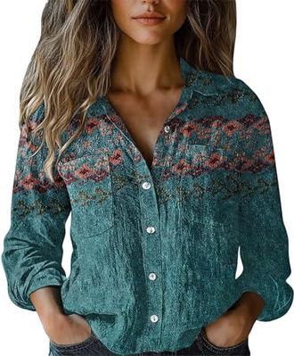 Generico Chemise Femme Curvy Manches Longues Chemises en Lin Coton D&eacute;contract&eacute; grande taille Blouse Col en V Classique Chemisier Vintage Fantaisie avec Boutons