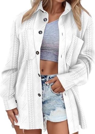 Generico Pull en tricot à manches longues avec col rond et col rond pour femme, blanc, XXL