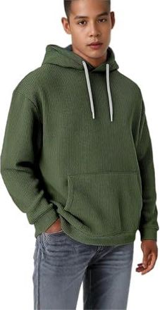 Generic Sweat à capuche à manches longues pour homme Motif rayures Patchwork avec poches kangourou, Vert kaki, XXL