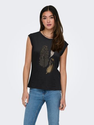Only Kurzarmshirt ONLY FEEL/FEATHERS TOP BOX CS JRS, Damen, Gr. M, schwarz (schwarz print:glitter feather), Jersey, Obermaterial: 100% Baumwolle, bedruckt,