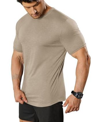 Coofandy Hommes T-Shirts Col Rond &Eacute;t&eacute; Fonctionnel Shirt &agrave; Manches Courtes Soprt Gym Muscleshirt Kaki L