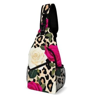 Generic Sacoche Homme Bandouliere Fleurs roses &agrave; imprim&eacute; l&eacute;opard et gu&eacute;pard Casual Sac De Poitrine L&eacute;ger Cross Body pour Voyage Cyclisme Randonn&eacute;e