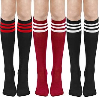 Dreshow 3 Paires Chaussettes Hautes pour Femmes Chaussettes Montantes Longues sous Genoux Mi-bas &agrave; Triple Rayure Extensible