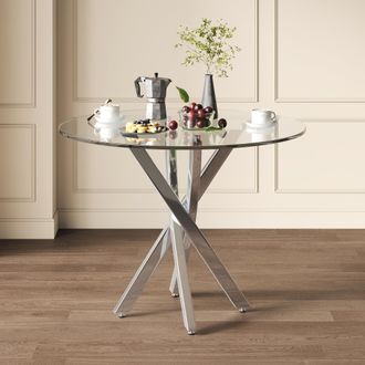Suky Brand Moderner Runder Esstisch, Tischplatte aus geh&auml;rtetem Glas, moderner Esstisch, galvanisierte Tischbeine, Kaffee-Freizeittisch, Silber, 80 * 80 * 75cm