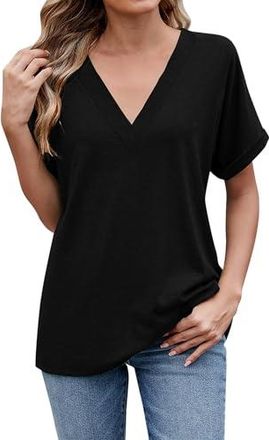 Generic Chemisier uni à manches courtes pour femme Printemps et été 2025 - Couleur unie - Grand col en V - T-shirt ample à manches courtes pour femme - Vêteme