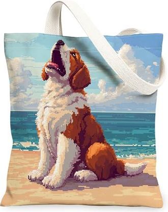 Generic Summer St. Bernard Sac fourre-tout en toile pour faire du shopping, 33 x 38,1 cm, motif chiot c&ocirc;tier de plage, sac d&eacute;picerie r&eacute;utilisable pour femme, 