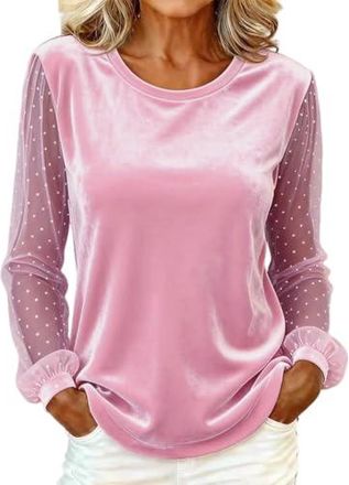 TOMWELL Shirt Femme Velours Manches Longues D&eacute;contract&eacute; Haut Cocktail Sexy Blouse en Velvet A Rose XL