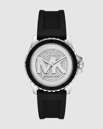 Michael Kors Everest Dreizeigeruhr aus schwarzem Silikon in Silber