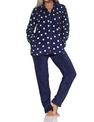 Normann Costume dint&eacute;rieur pour femme en polaire corail &agrave; superbe aspect &agrave; pois, bleu marine, 46-48
