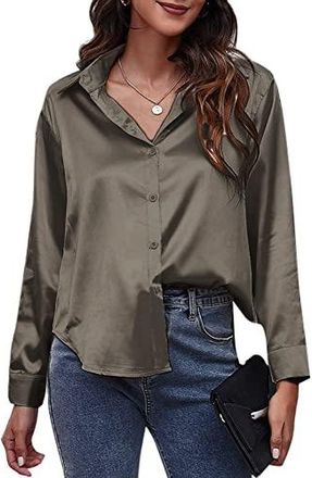 Feoya Femme Chemise Manches Longues Blouse en Soie Elegant Gilet T Shirt Casual Haut décontracté Printemps Automne M