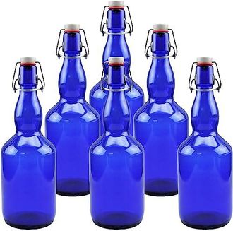 mikken Art 6x blaue Glasflasche 0,75 Liter mit Bügelverschluss aus Porzellan, inkl Beschirftungsetiketten