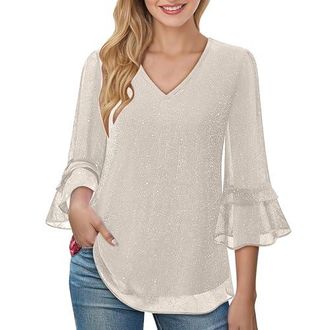 Generic Hauts scintillants pour femme - Haut &agrave; paillettes brillantes - Tunique de bo&icirc;te de nuit &eacute;l&eacute;gante - Col rond - T-shirt habill&eacute; ample pour femme - Chemi