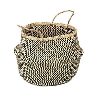 Compactor Belly Korb XL - Handgewebter Seegras Korb mit geometrischem Muster, schwarz, 45x45x36 cm