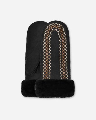 UGG Bestickte Atherson F&auml;ustlinge f&uuml;r Damen in Black, Gr&ouml;&szlig;e Schaffell