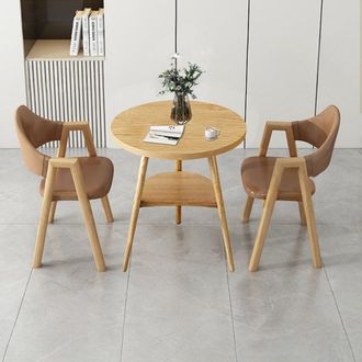 Generic Runder Empfangstisch Und 2 St&uuml;hle Im Set - Moderne Holzmaserung Mit PU-Ledersitzen for B&uuml;ro Oder Lounge(Light Brown Chairs+Natural Wood Table)