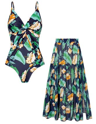Grace Karin Damen Einteilige Badeanzug Monokini Straps Badeanzug mit V Ausschnitt Zweiteiliger Badeanzug f&uuml;r die Sommerferien Marineblau-Braune Blume S