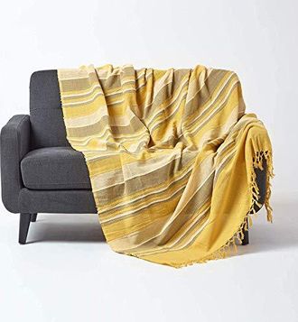 Homescapes Jeté de lit/Jeté de canapé Jaune à Rayures de 255 x 360 cm en Pur Coton appartenant à la Collection Stripes