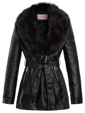 SS7 Femmes Manteau Motard en Simili Cuir Collier en Fausse Fourrure