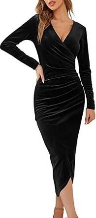 Generic Robe formelle &agrave; manches longues en velours pour femme - Couleur unie, Noir, XL