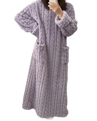 Generic Peignoir en flanelle pour femme, chemise de nuit chaude en polaire confortable et douce, v&ecirc;tement de d&eacute;tente chaud pour lhiver, pyjama d&eacute;contract&eacute; &agrave; c