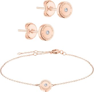 Liebeskind BERLIN Schmuck-Set mit Zirkonia-Stein - Elegantes Armband mit rundem Ohrstecker mit Zirkonia-Stein - IP Ros&eacute;gold - Ankerkette verstellbar bis 20 cm - 
