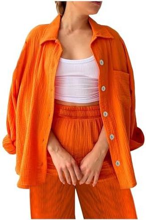 Generic Ensemble 2 pi&egrave;ces textur&eacute; d&eacute;contract&eacute; pour femme avec chemise boutonn&eacute;e et pantalon &agrave; cordon de serrage Tenue de d&eacute;tente Surv&ecirc;tement d&eacute;t&eacute; Vacances Ess