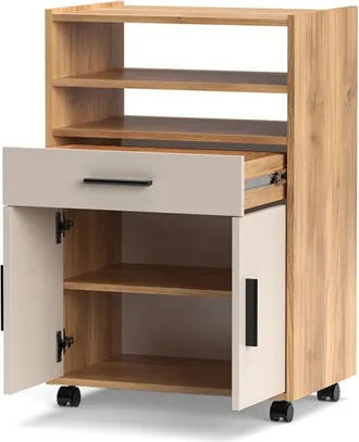 PEGANE Meuble dappoint de cuisine &agrave; roulettes avec &eacute;tag&egrave;res, 1 tiroir et armoire &agrave; 2 portes coloris Beige/ch&ecirc;ne Mauvella - Longueur 59 x Hauteur 92 x