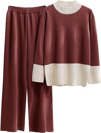 Generic Femme 2 Pcs Pull Ensemble Tricoté Hiver Sweater Top en Maille Sweatshirt Chaud Chandail Sport Pantalon Jambe Large Hiver Ensemble Sportswear DIntérieu