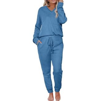 Generic Pyjama 2 pi&egrave;ces en tricot gaufr&eacute; pour femme - Manches longues et col en V - Chemises Henley d&eacute;contract&eacute;es - Pantalon de jogging en tricot avec poches,