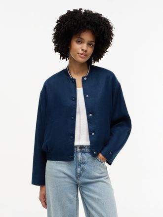 Tommy Hilfiger Bomberjacke TOMMY HILFIGER RWB LINEN BOMBER, Damen, Gr. 34, blau (schwarz night navy), Web, Obermaterial: 100% Leinen, unifarben, normal, Jacken Bombe