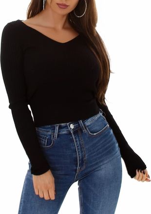 Jela London Damen Feinstrick Pullover V-Ausschnitt Streifen gerippt, Schwarz 34-36