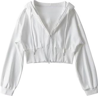 Generic Printemps Hoodie Loose Zipper Short Manches Longues Femmes Hoodie Top Manches Longues, blanc, S