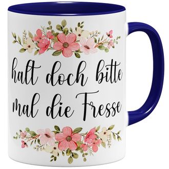 OM3 lustige Tasse mit Spruch - Halt doch bitte mal die Fresse - Blumig Kitschig - Statement | Keramik Becher | 11oz 325ml | Beidseitig Bedruckt | Dunkelbl