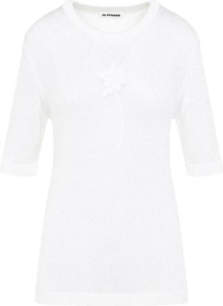 Jil Sander Femme, Tops, Blanc, Taille: 38 FR Haut &agrave; col rond en maille gaufr&eacute;e avec application florale