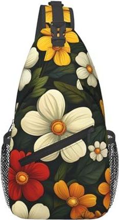 Generic Sacoche Homme Bandouliere Motif de fleurs blanches Multifonction Sac De Poitrine Polyester Sling Sac &agrave; Dos pour Camping Voyage Cyclisme