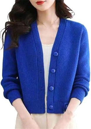 Generic Pull court &agrave; col en V pour femme - Cardigan de printemps en tricot - Petit manteau, bleu, Taille XS