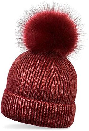 styleBREAKER Bonnet en Maille Chaud avec Aspect m&eacute;tallique et Pompon Amovible en Fausse Fourrure, Bonnet dhiver avec Pompon, Femmes 04024138, Couleur:Bordeaux-Roug