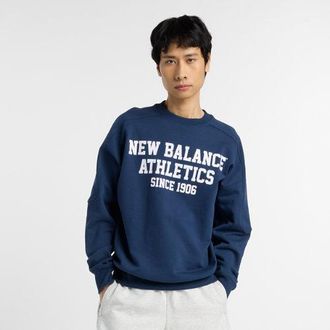 New Balance Homme Varsity French Terry Graphic Crew en Bleu, Coton, Taille XL