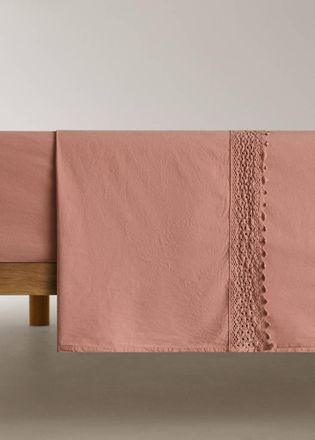 Mango Drap plat percale de coton lav&eacute; dentelle lit 180/200 cm marron moyen - Home - Lit 180/200 cm - MANGO HOME