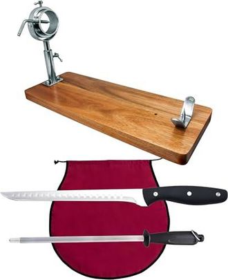 Nerthus Kitchenware Support &agrave; jambon rotatif et t&eacute;lescopique + couvre-jambon bordeaux + aiguiseur manuel + couteau &agrave; jambon, Bois