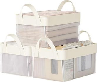 Songmics Bo&icirc;tes de Rangement, Lot de 3, Petit Panier de Rangement, en Tissu, Pliable, Filet de Nylon Transparent, 30 x 20 x 15 cm, Poign&eacute;es, pour Salle de Bain